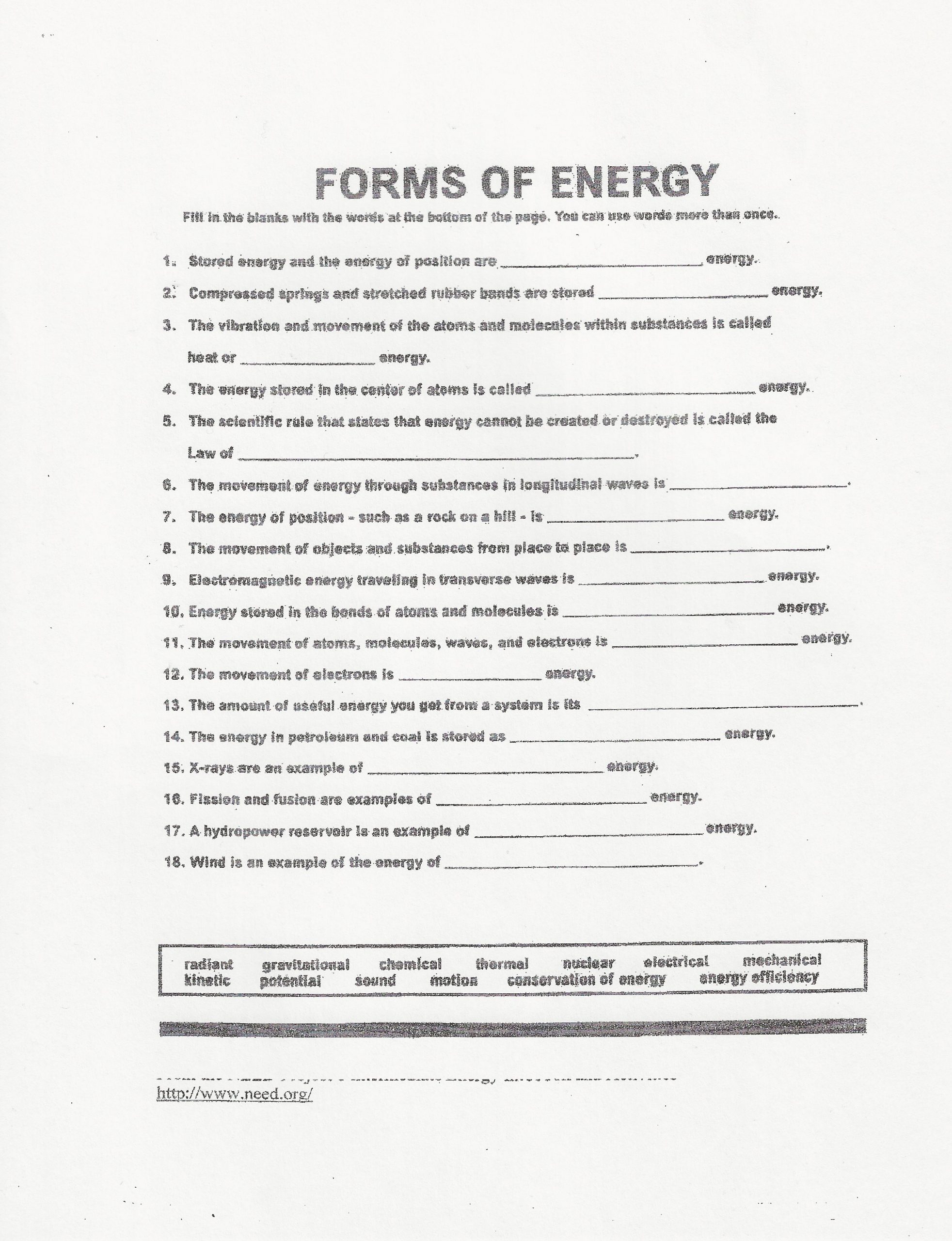 Introduction To Energy Worksheet